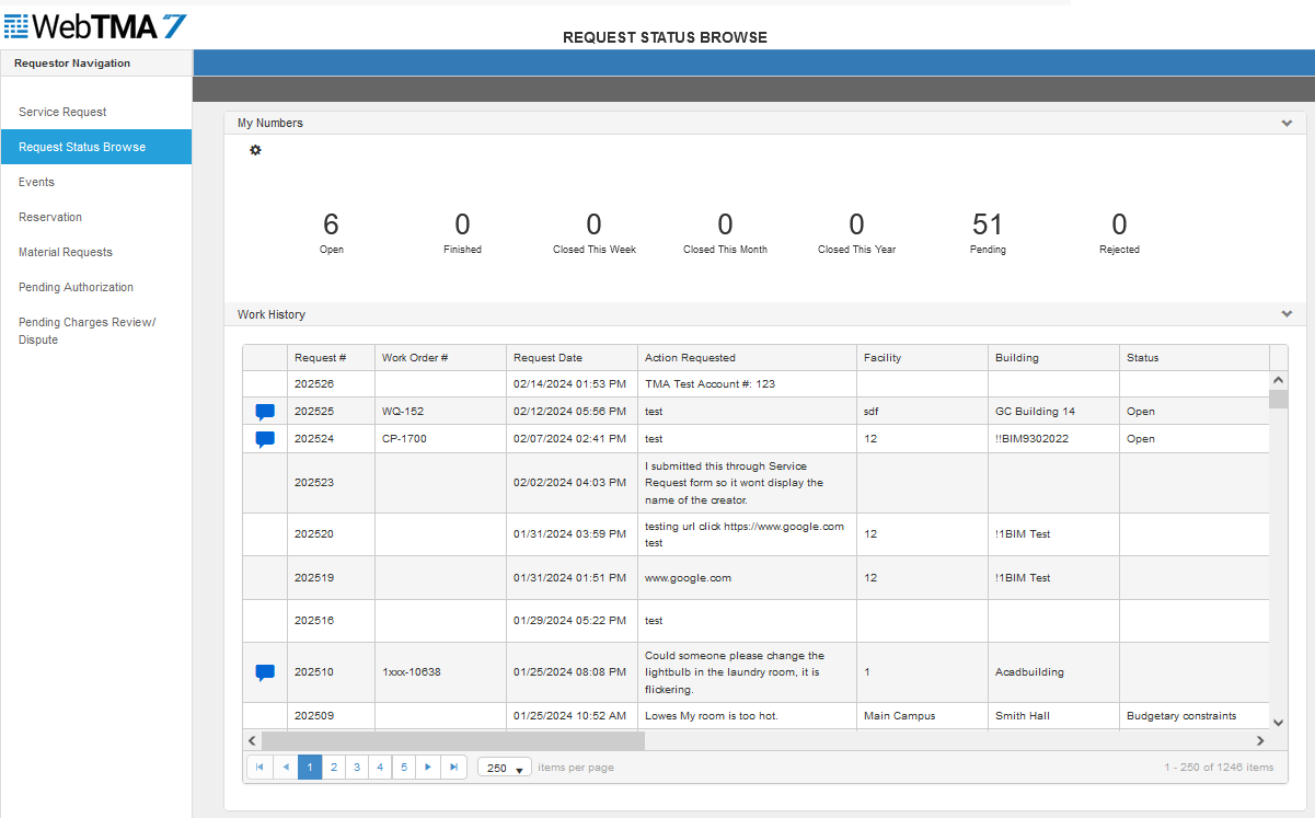 Request Status Browse – TMA Systems