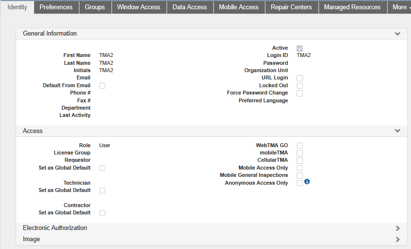 User Management Identity Tab - WebTMA 7 – TMA Systems